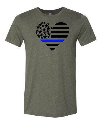 heart flag with blue line/green line tee – Mom of 3 Embroidery